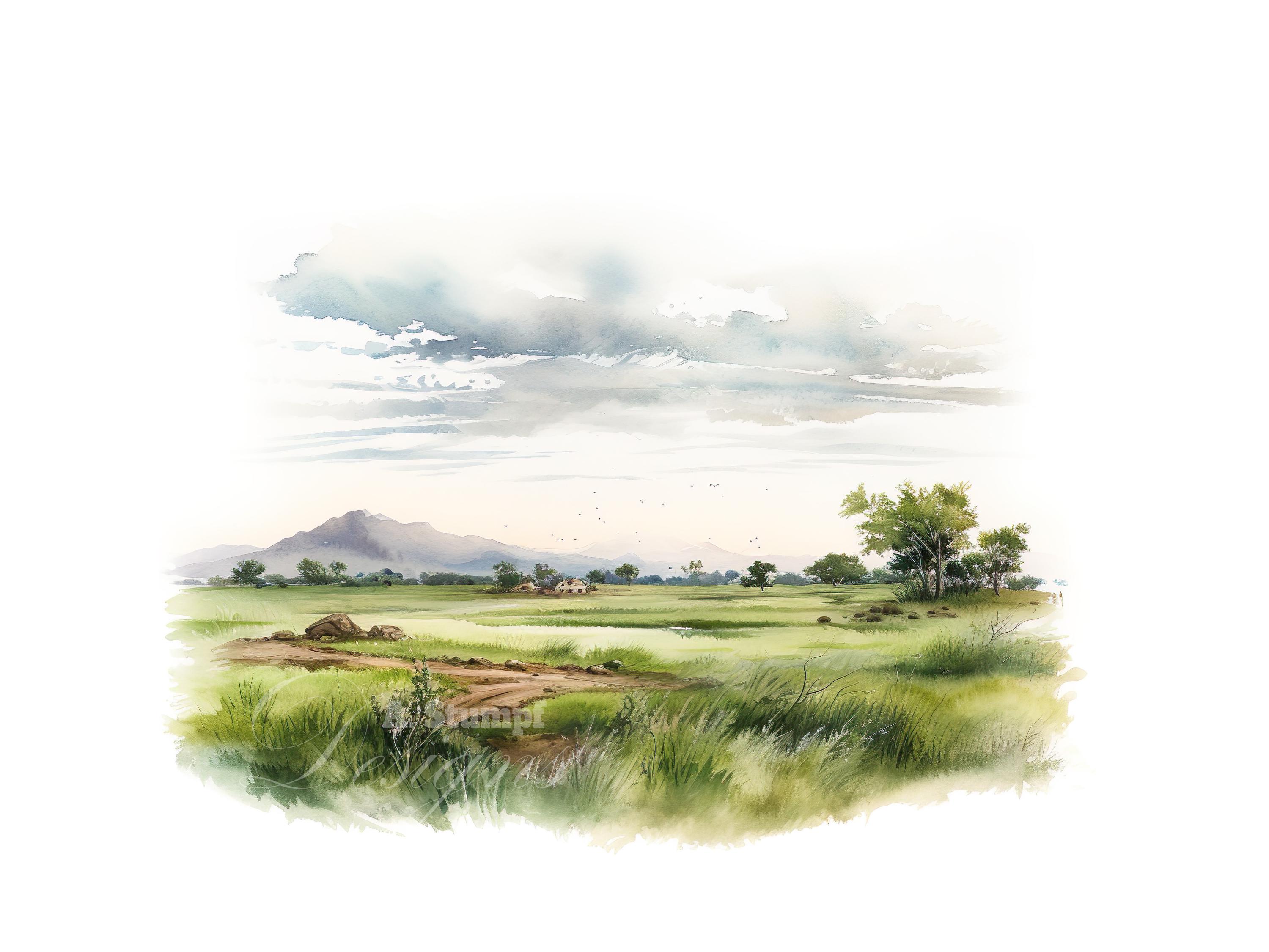 10 Grassland Landscape Clipart Set Digital Watercolor Painting Scenic ...