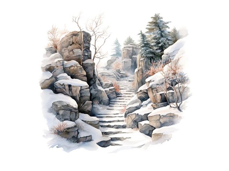 10 Rocky Hiking Trail in Winter Clipart Set Snowy Mountain Hike Digital ...