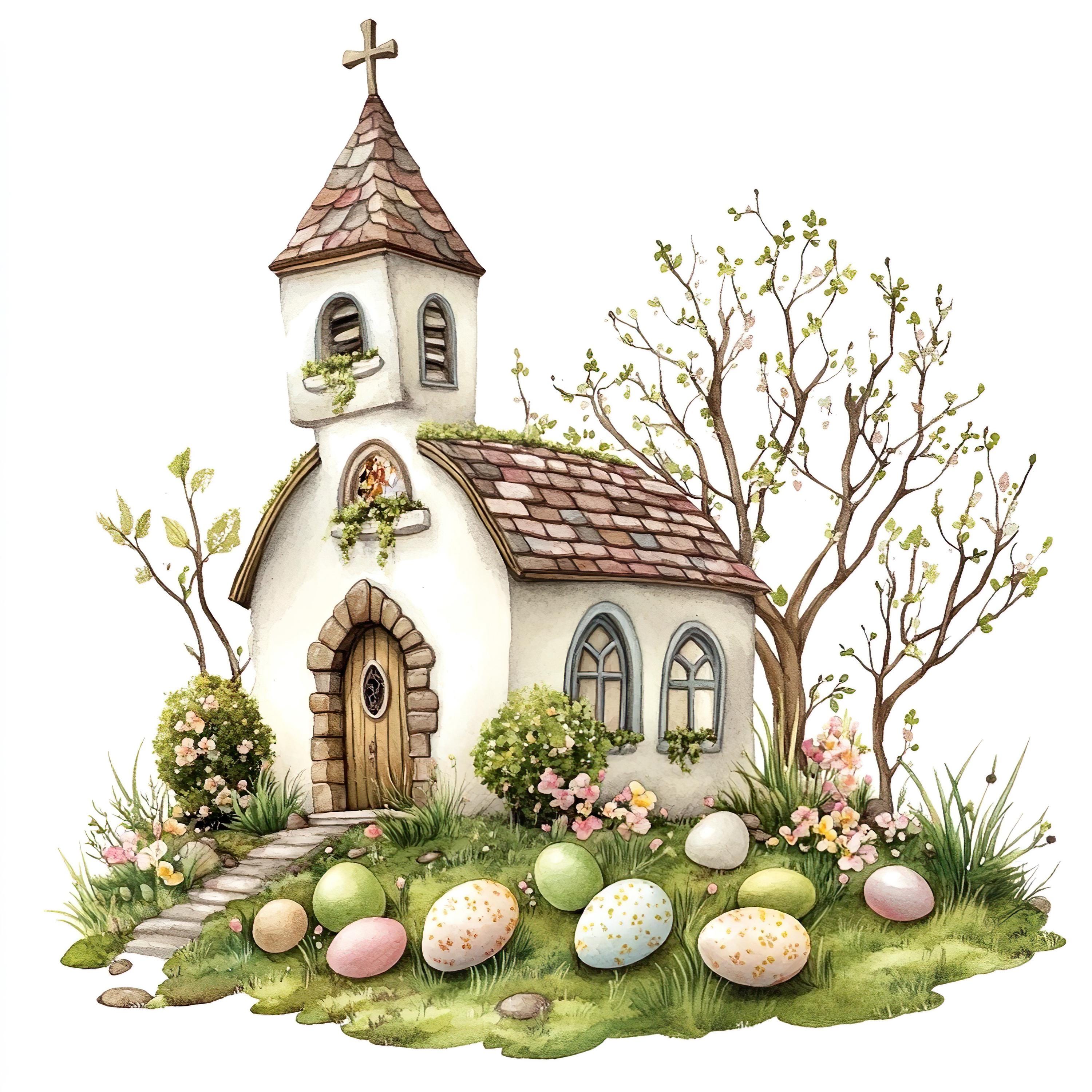 10 Easter Decorated Church Digital Watercolor Painting Christian Decor ...
