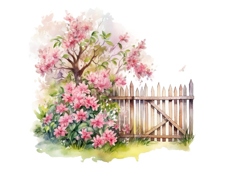 10 Garden Fence in Spring Clipart Set Digital Watercolor Floral Border ...