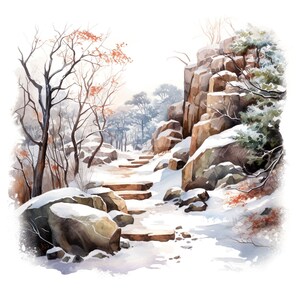 10 Rocky Hiking Trail in Winter Clipart Set Snowy Mountain Hike Digital ...