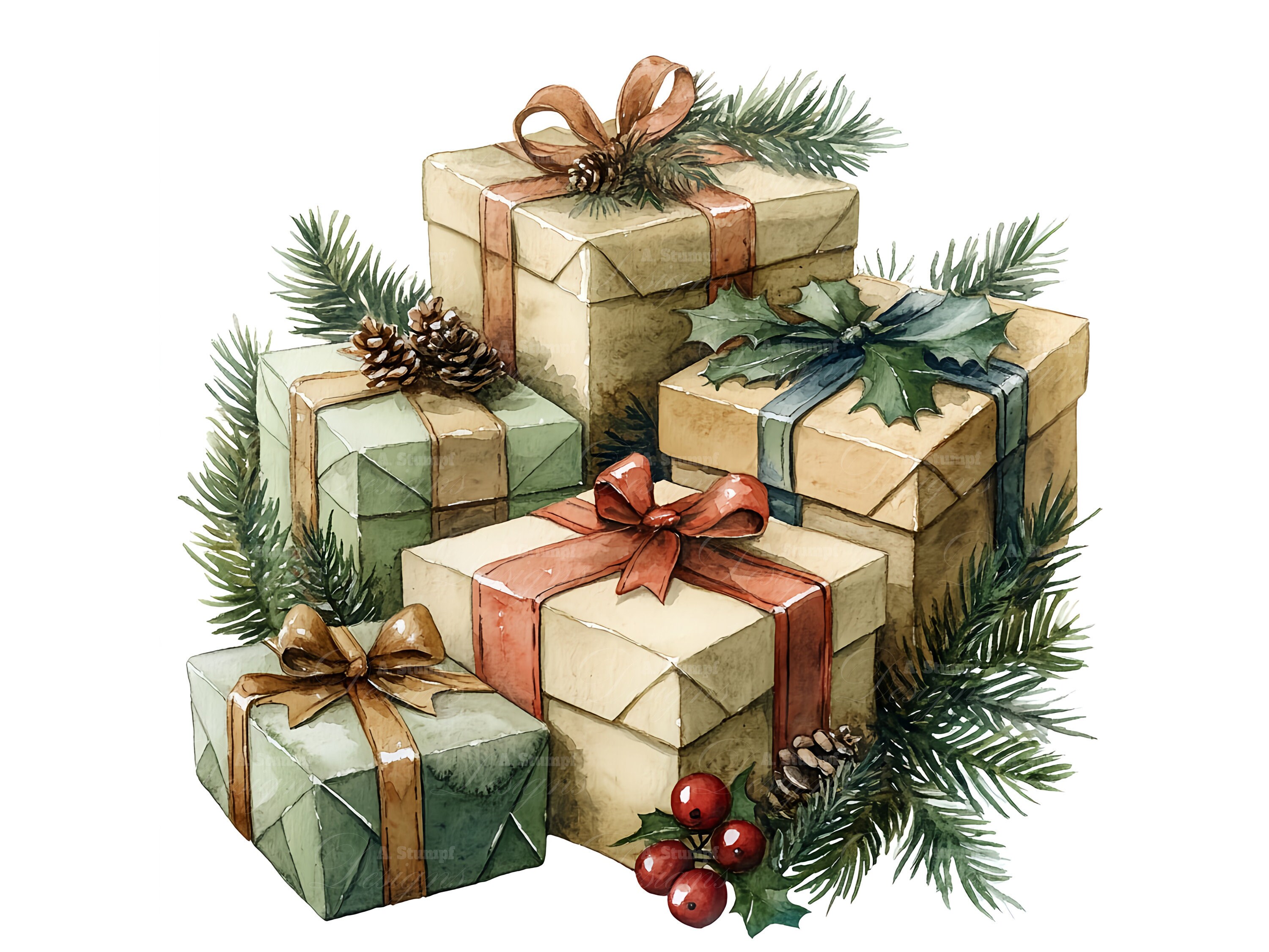 10 Rustic Christmas Gift Box Clipart Set Digital Watercolor Painting ...
