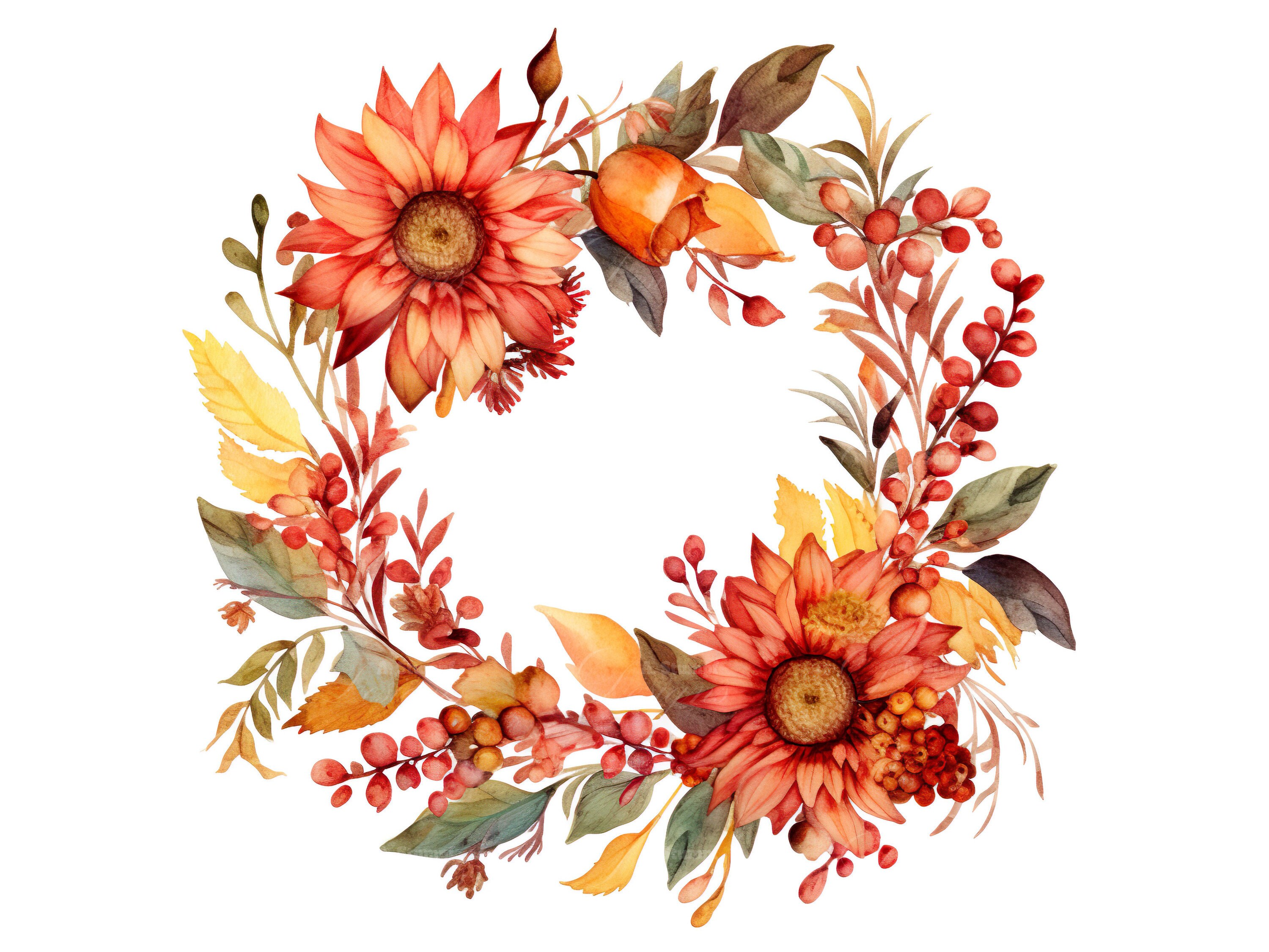 10 Rustic Autumn Wreath Clipart Set Digital Watercolor Fall Painting ...