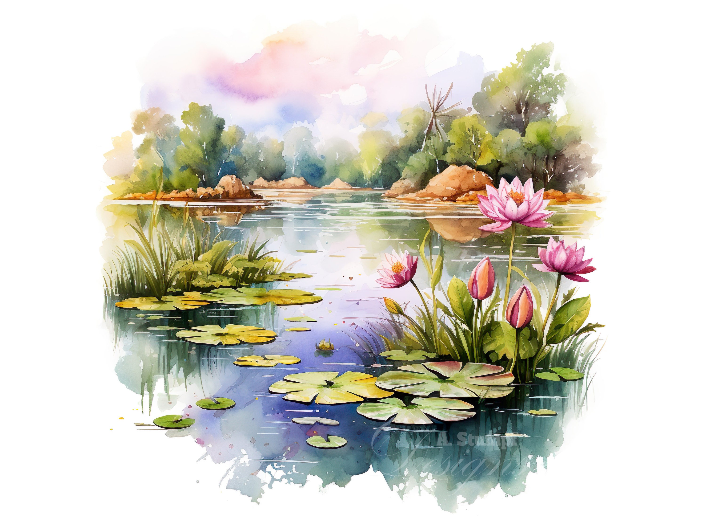10 Pond Clipart Set Digital Watercolor Painting Floral Nature Scene ...
