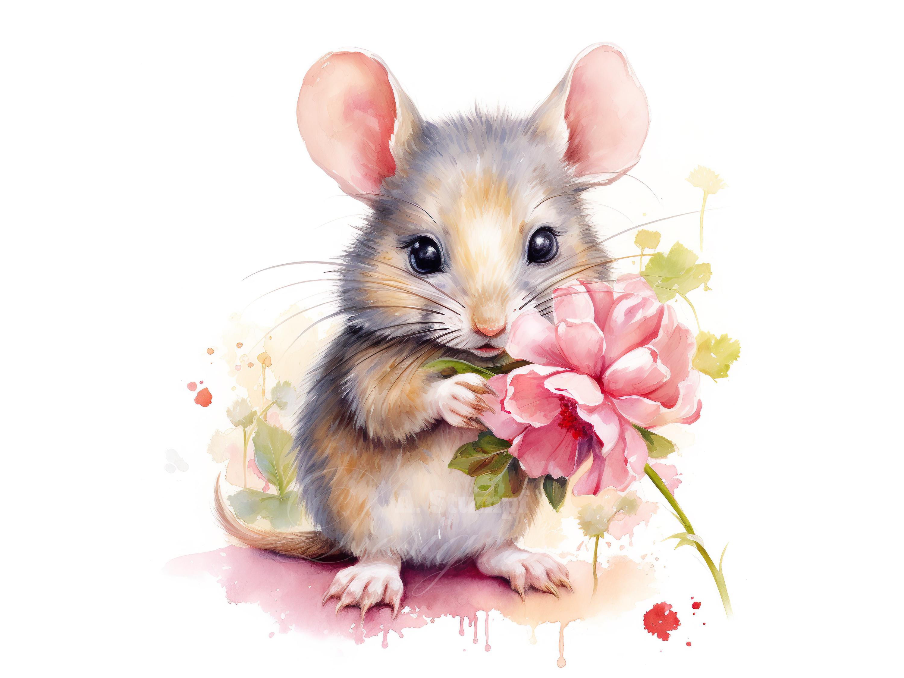 10 Cute Mouse Flowers Clipart Set Digital Watercolor Painting Nursery ...