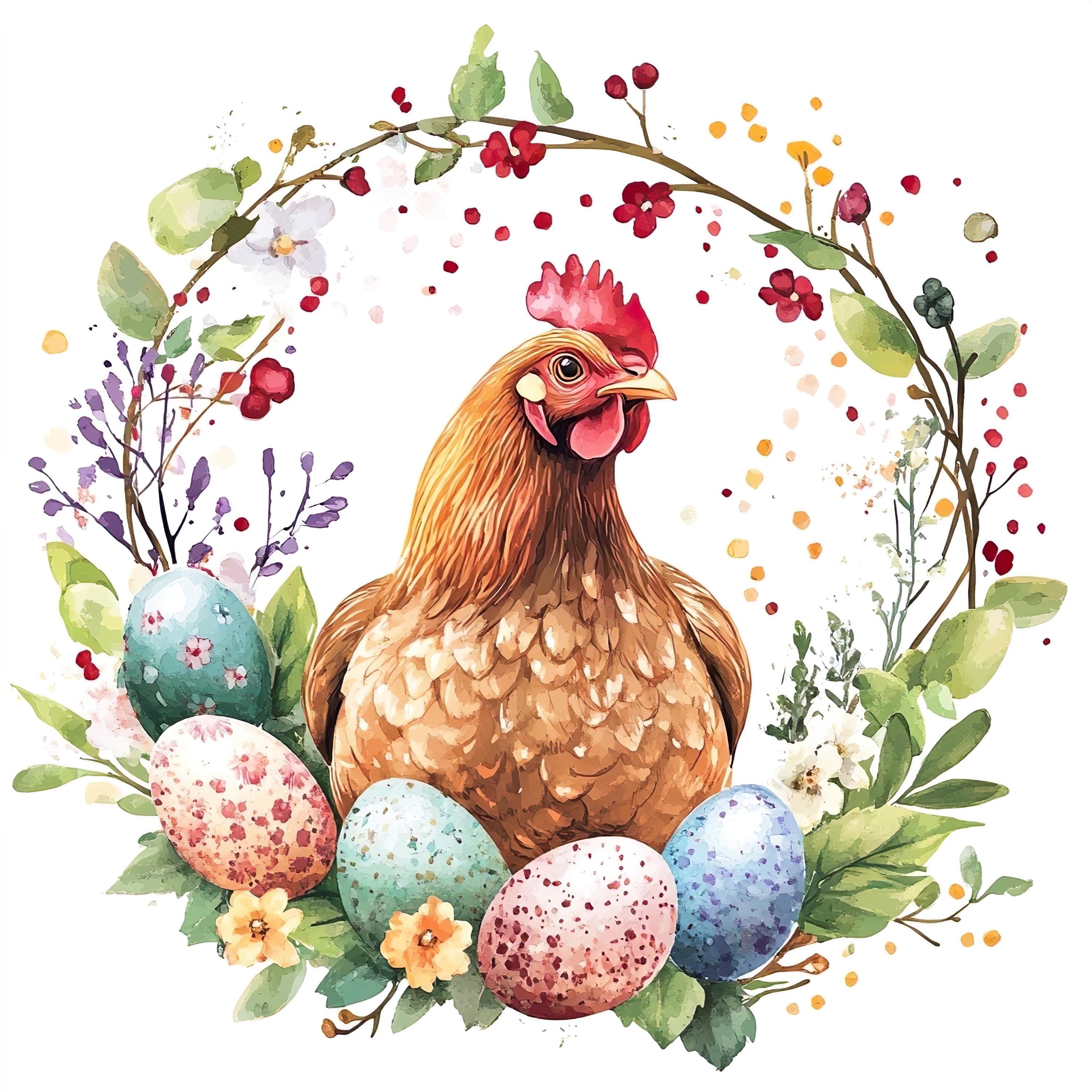 10 Chicken Easter Wreath Clipart Set Digital Watercolor Painting Farm ...