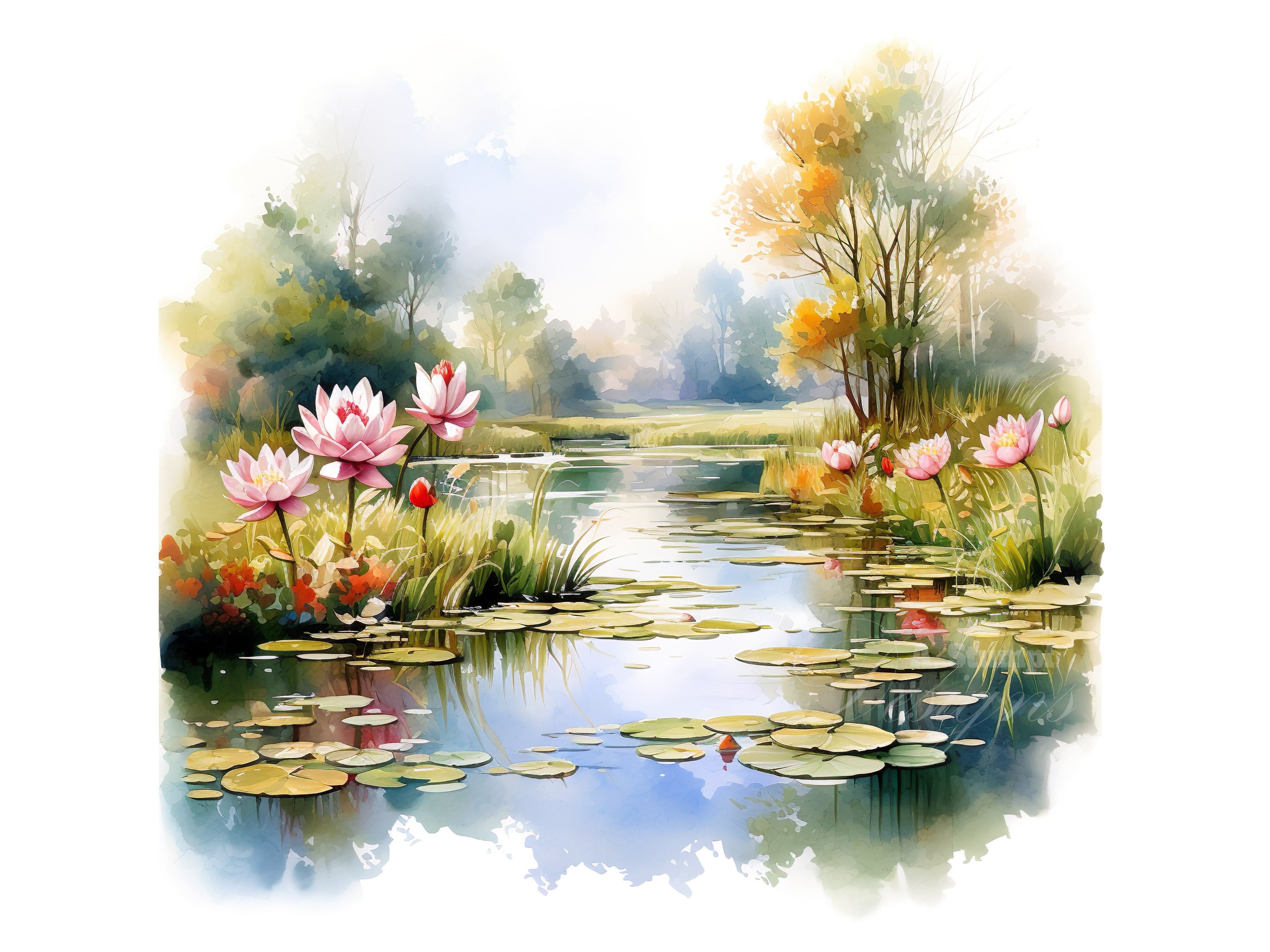 10 Pond Clipart Set Digital Watercolor Painting Floral Nature Scene ...