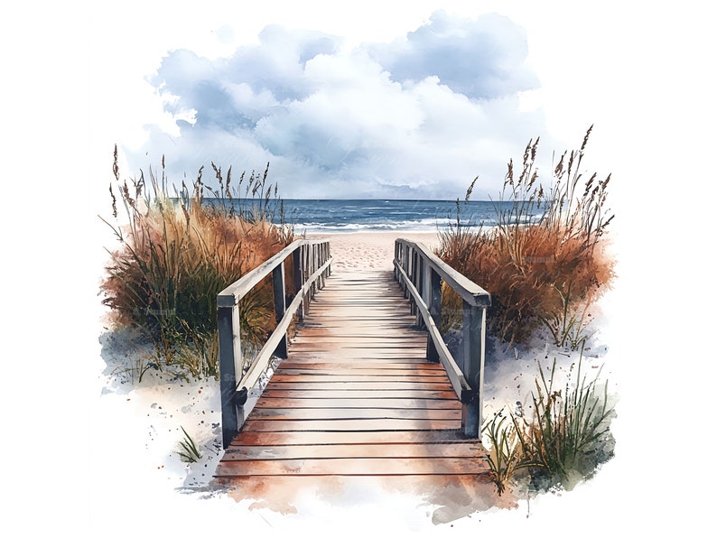 10 Boardwalk Beach Path Clipart Digital Watercolor Painting Seaside ...