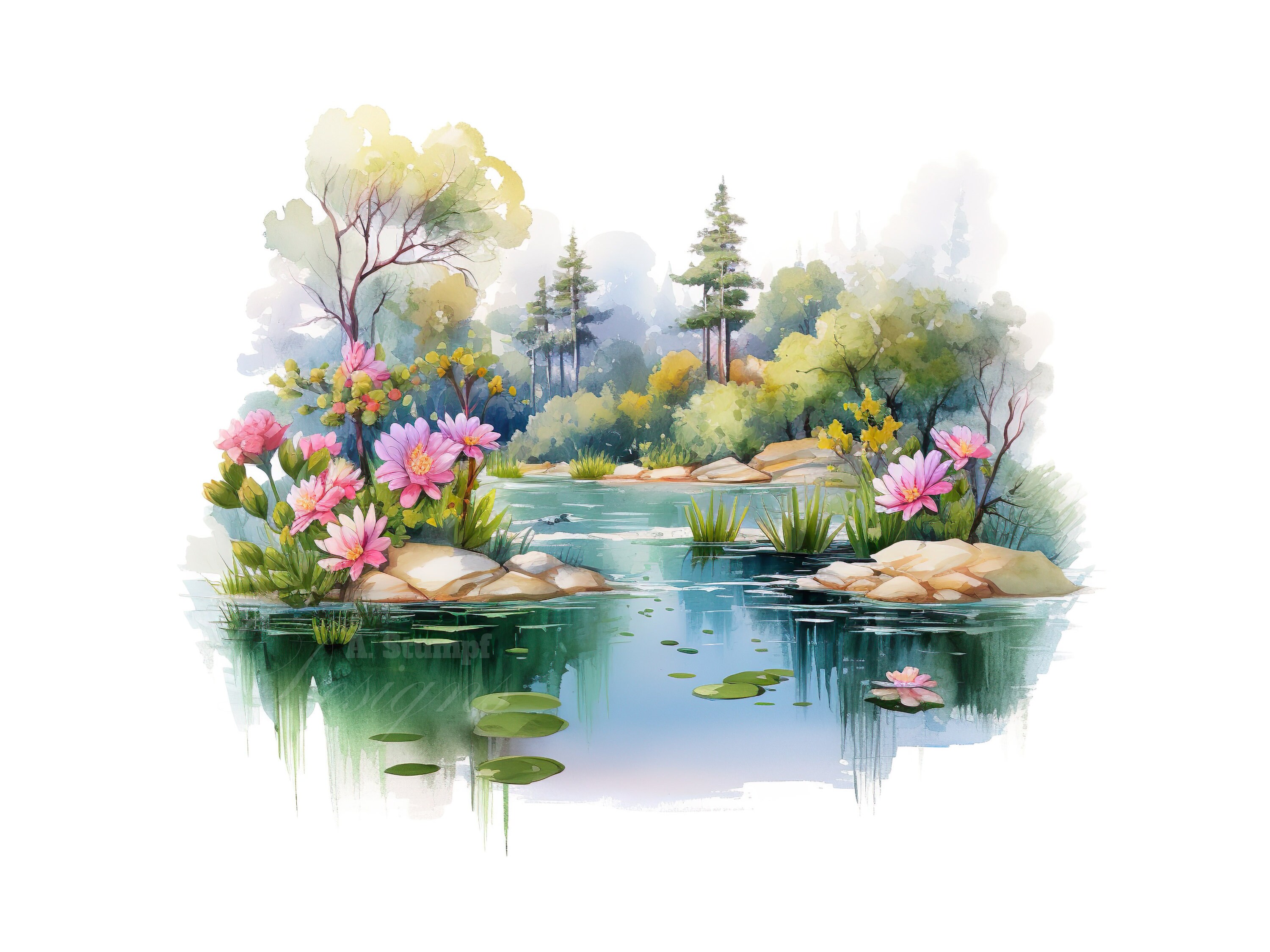 10 Pond Clipart Set Digital Watercolor Painting Floral Nature Scene ...