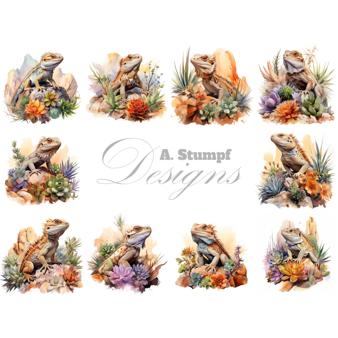 Bearded Dragon Lizard Watercolor Clipart Bundle Reptile Graphics Animal ...