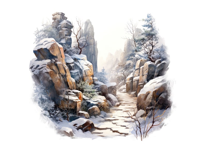10 Rocky Hiking Trail in Winter Landscape Clipart Set Snowy Mountain ...