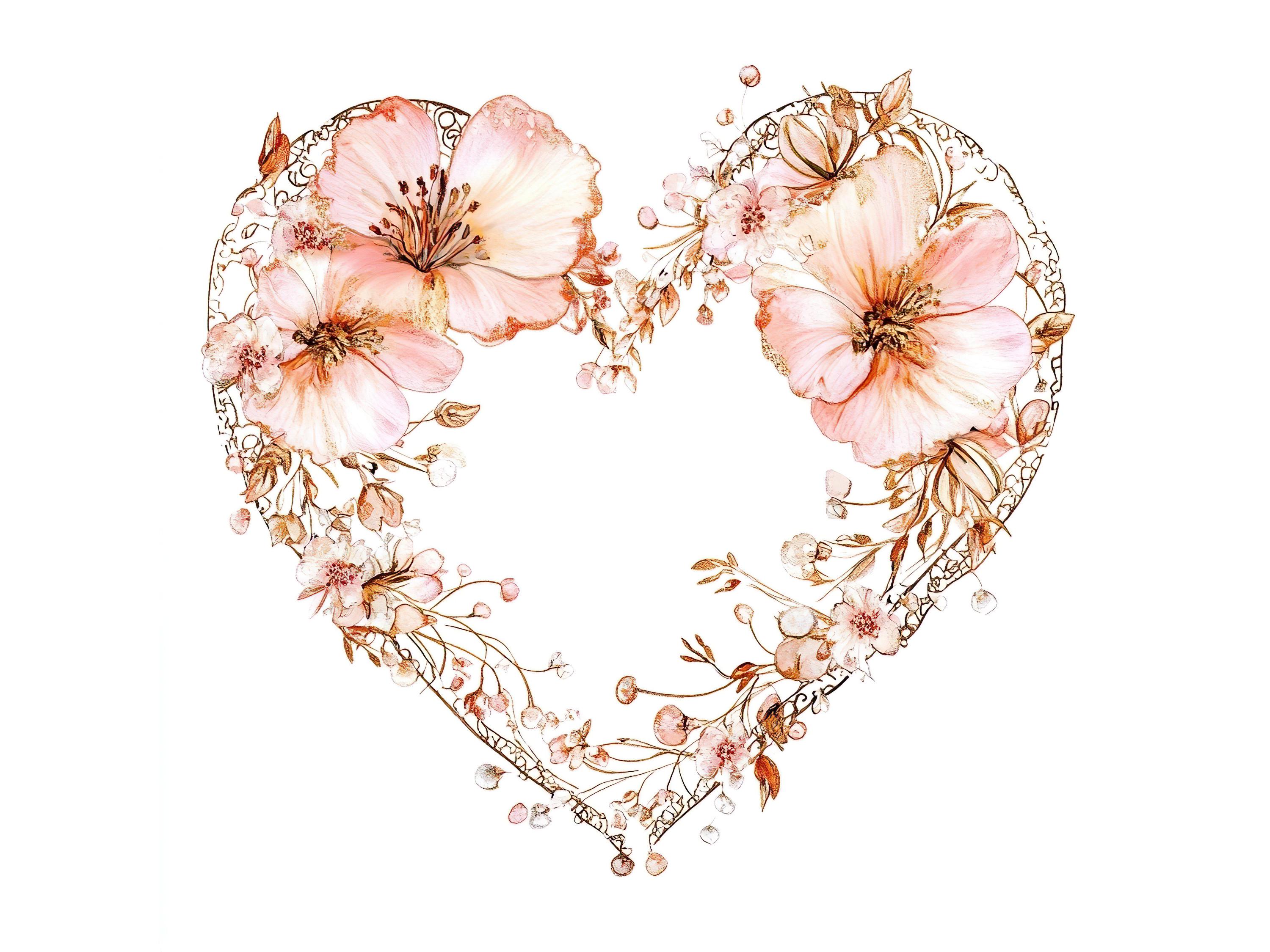 10 Heart Shaped Pink Gold Flowers Clipart Set Digital Watercolor ...