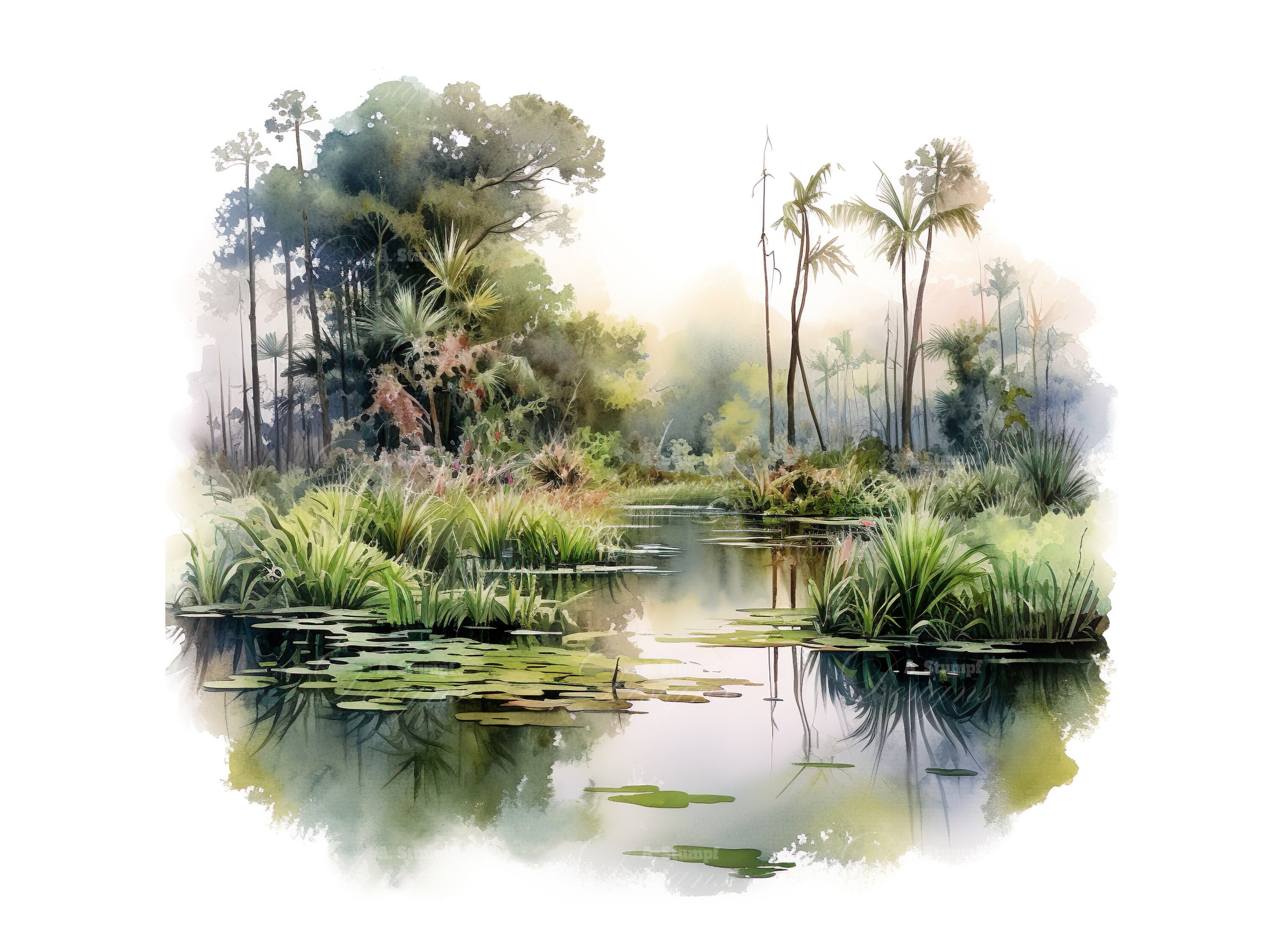 10 Swamp Landscape Clipart Set Wetland Scene Marsh Digital Watercolor ...