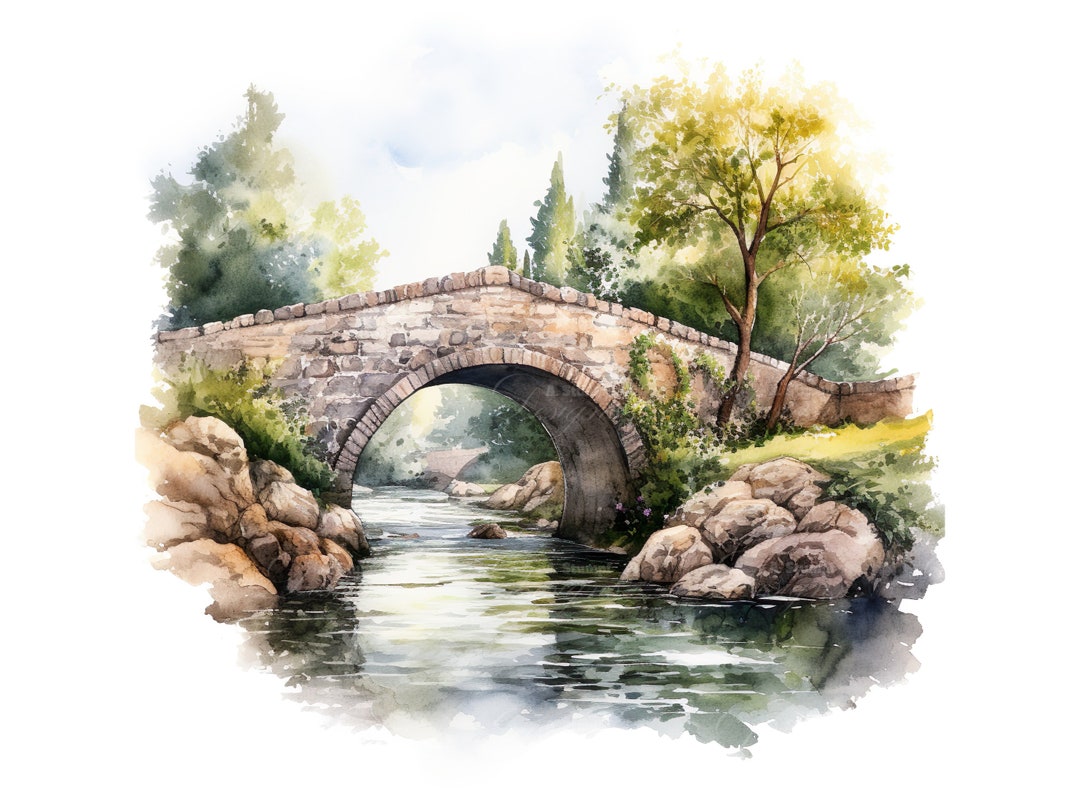 10 Cobblestone Bridge Summer Clipart, Digital Watercolor Painting ...