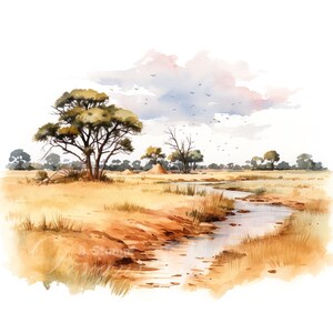 10 Savannah Landscape Clipart Set Panoramic Digital Watercolor Painting ...