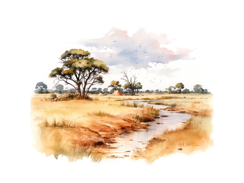 10 Savannah Landscape Clipart Set Panoramic Digital Watercolor Painting ...