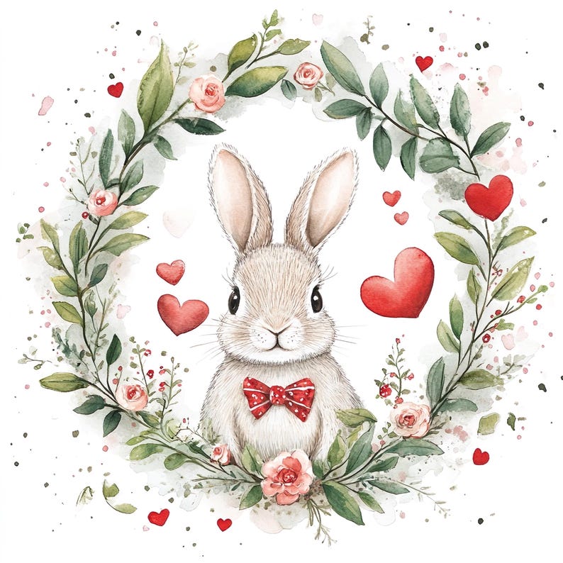 10 Bunny Valentines Day Wreath Clipart Set Digital Watercolor Painting ...
