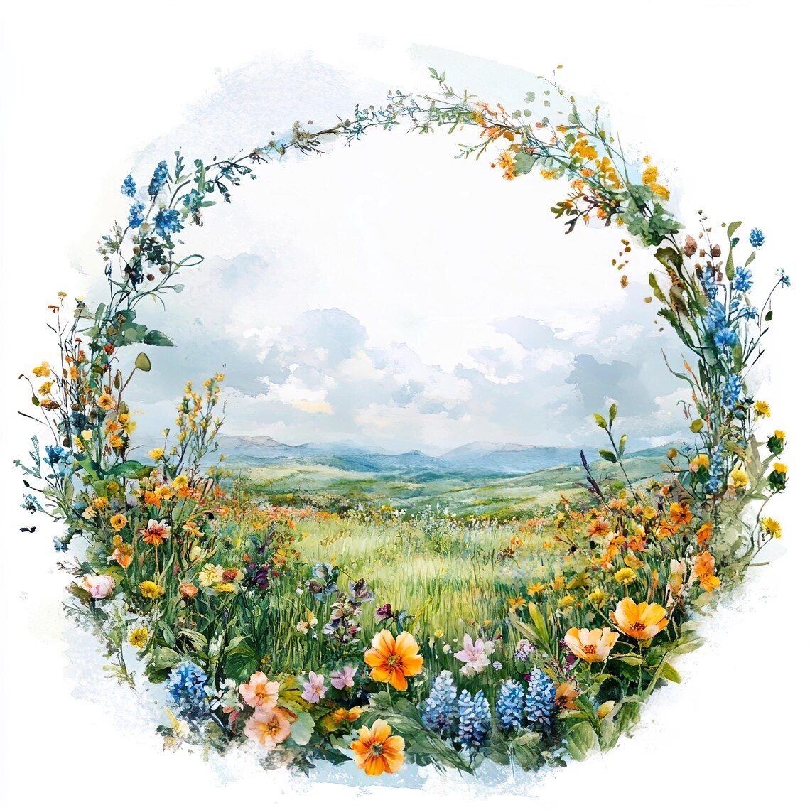 10 Spring Meadow Landscape Circle Shape Clipart Set Digital Watercolor ...