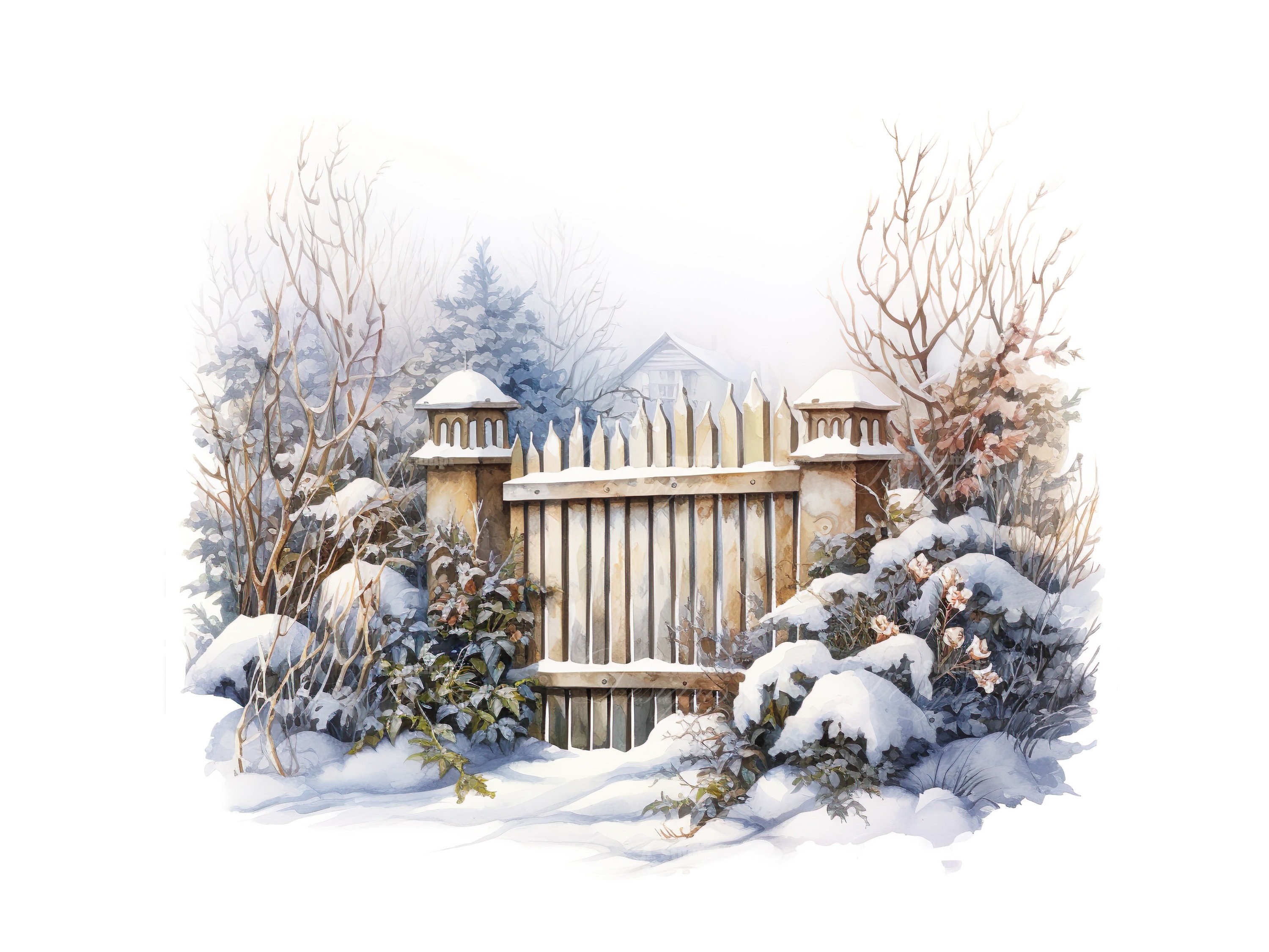 10 Winter Garden Fence Clipart Digital Watercolor Set Seasonal ...