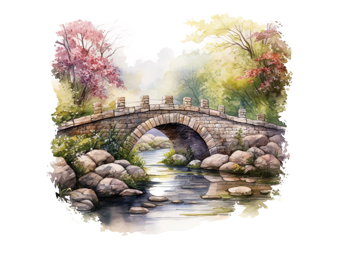 10 Cobblestone Bridge in Spring Clipart, Digital Watercolor Springtime ...