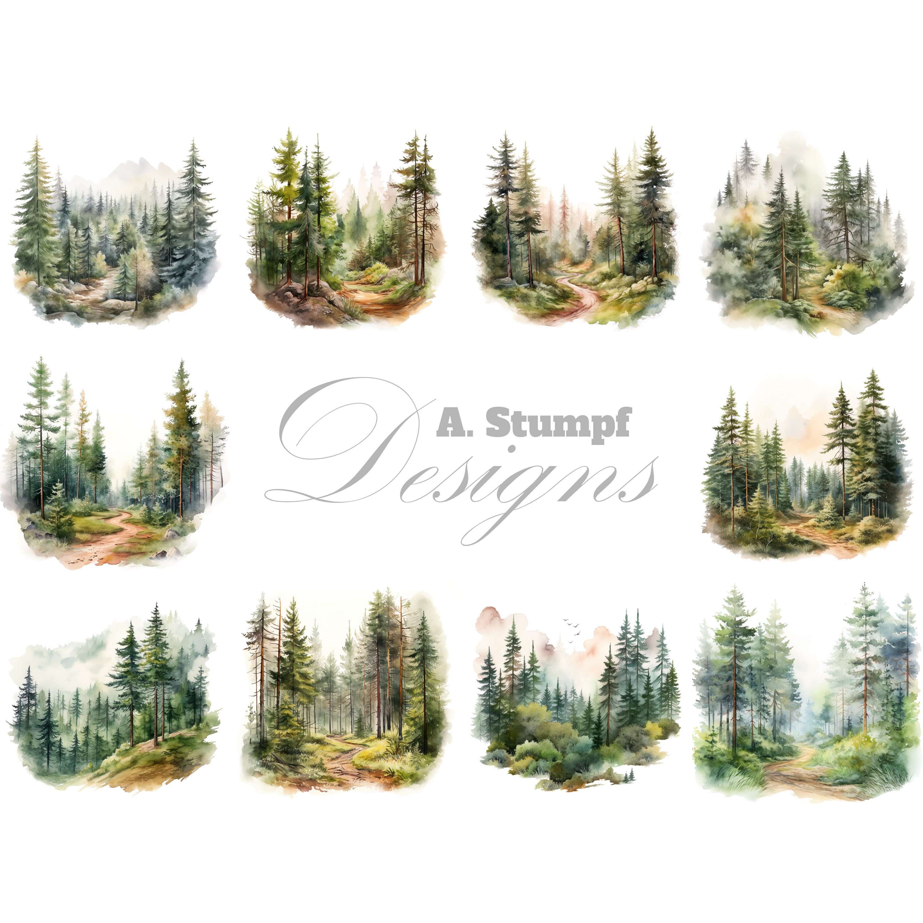 Coniferous Forest Clipart Set, 10 High Quality Jpgs, Forest Landscape ...
