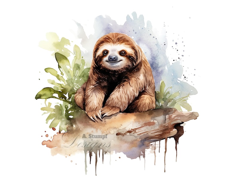 10 Sloth Clipart Set Digital Watercolor Painting Cute Tropical Jungle ...
