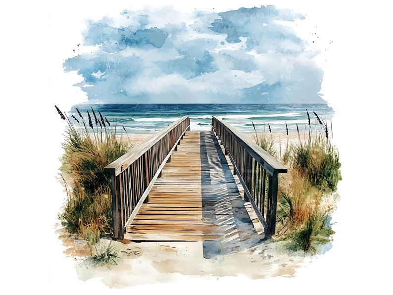 10 Boardwalk Beach Path Clipart Digital Watercolor Painting Seaside ...