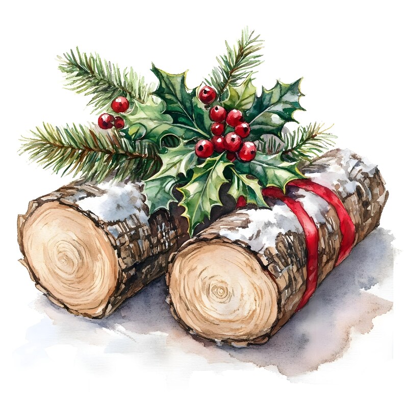 10 Mistletoe and Holly on Pine Wood Logs Clipart Set Digital Watercolor ...