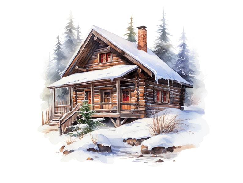 10 Log Cabin in Winter Clipart, Snowy Clip Art Bundle, Cozy Landscape ...