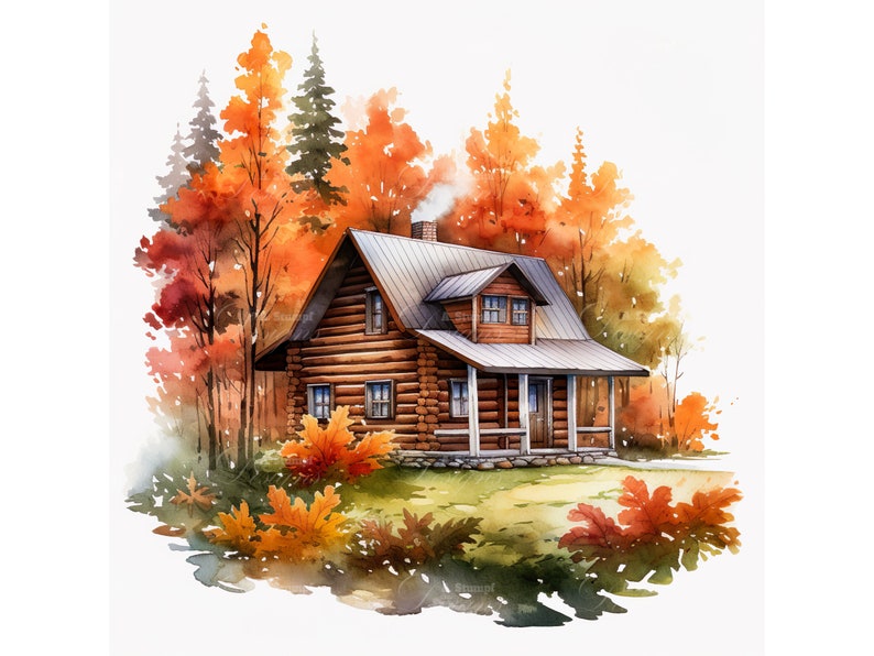 10 Log Cabin Autumn Clipart Set Digital Watercolor Fall Scene Painting Rustic Autumnal Forest ...