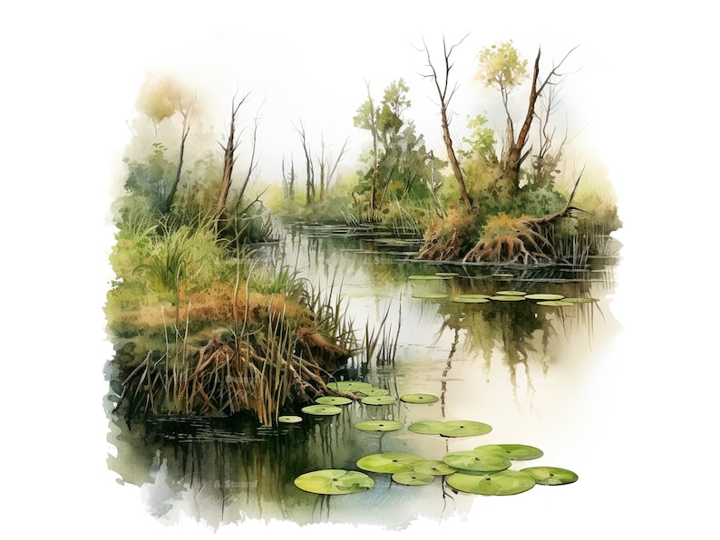 10 Swamp Landscape Clipart Set Wetland Scene Marsh Digital Watercolor ...
