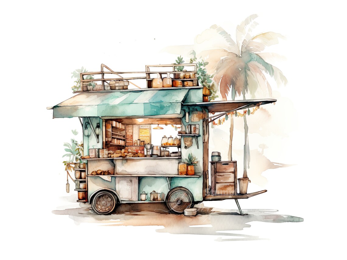 10 Street Food Cart Truck Clipart Set Digital Watercolor Painting ...