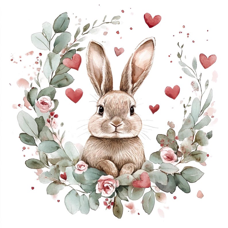 10 Bunny Valentines Day Wreath Clipart Set Digital Watercolor Painting ...