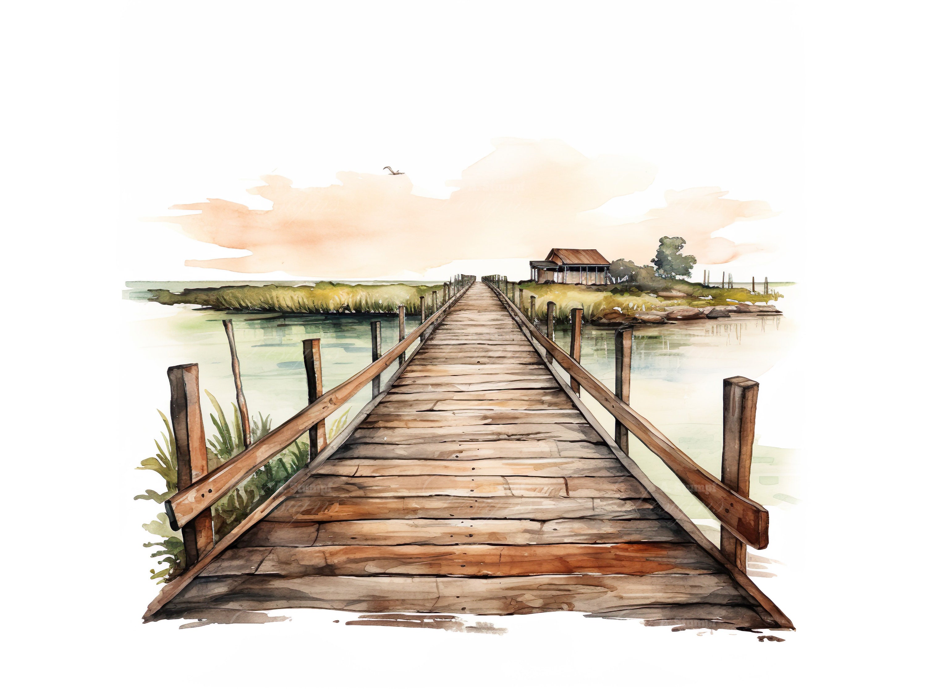 10 Rustic Old Wooden Pier Clipart Set Digital Watercolor Painting ...