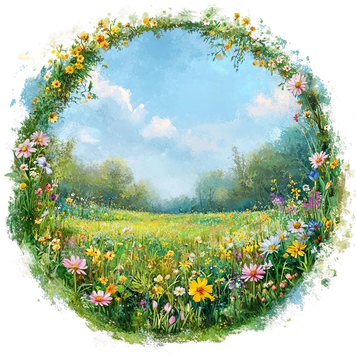 10 Spring Meadow Landscape Circle Shape Clipart Set Digital Watercolor ...