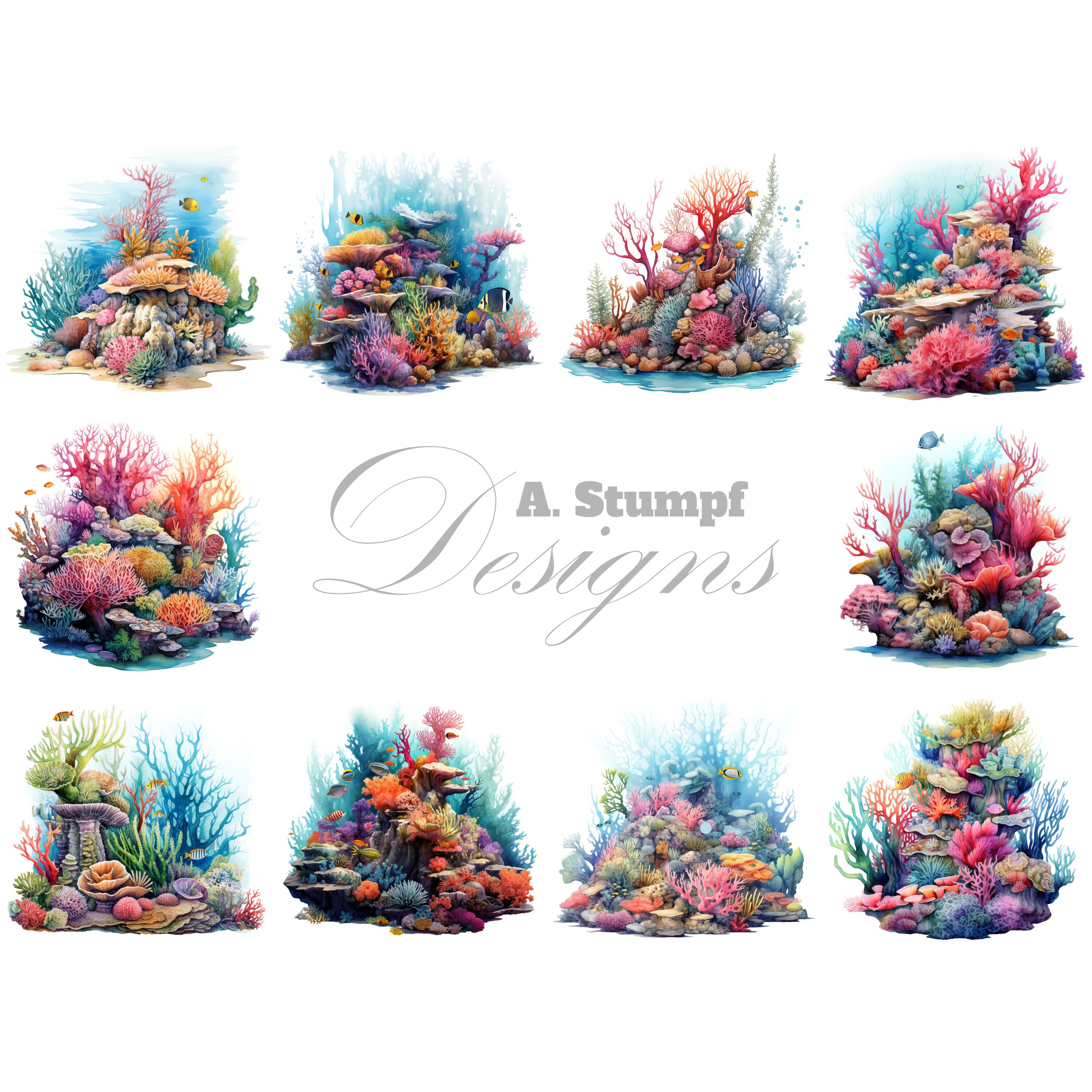 Coral Reef Clipart Ocean Art Bundle Watercolor Underwater Background ...