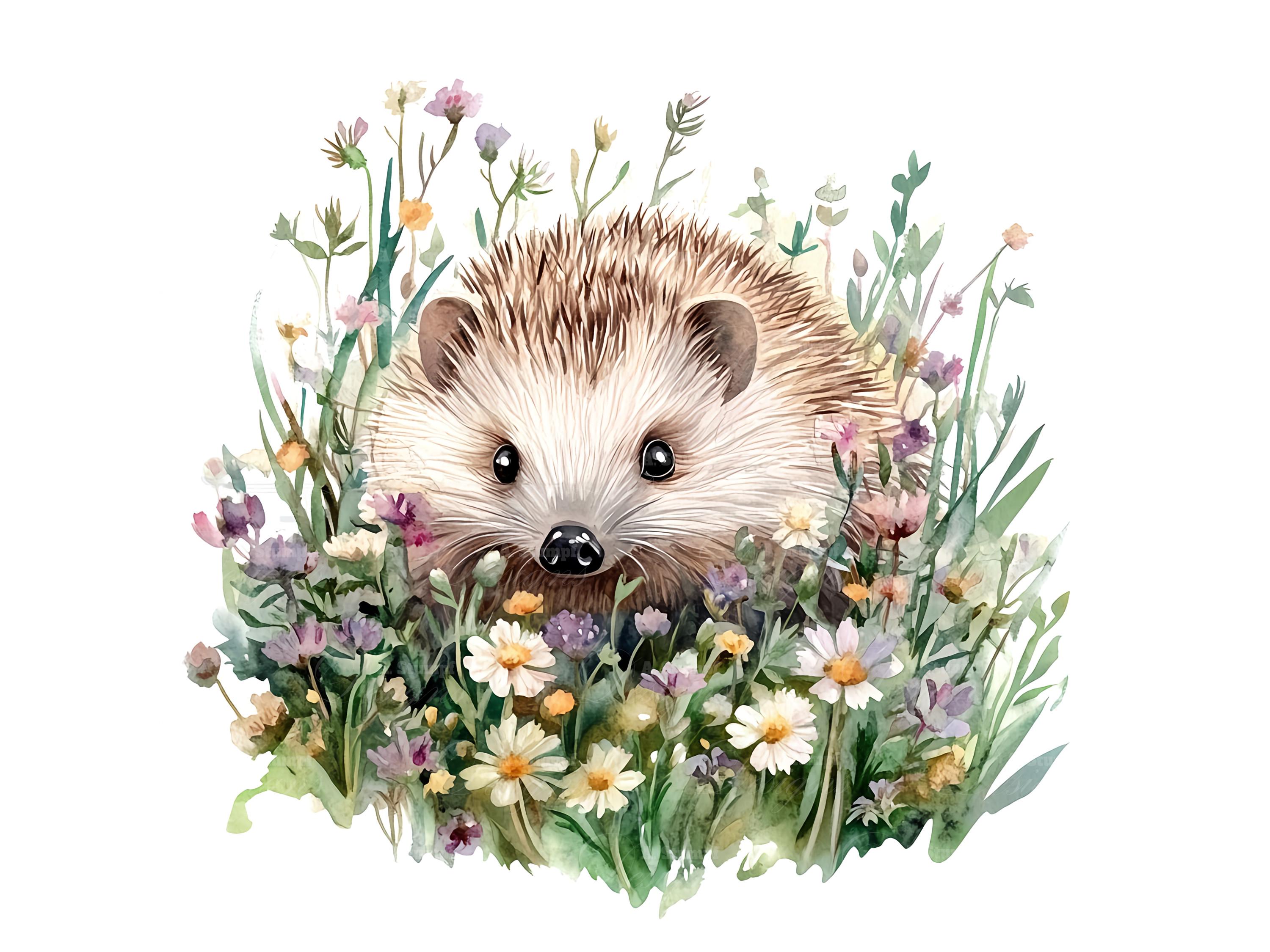 10 Hedgehog Wildflowers Clipart Set Digital Watercolor Painting Forset ...