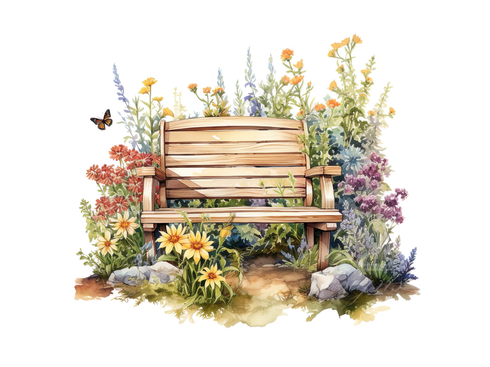Floral Art Print Bench Clipart Set Garden Bench Watercolor Clipart ...