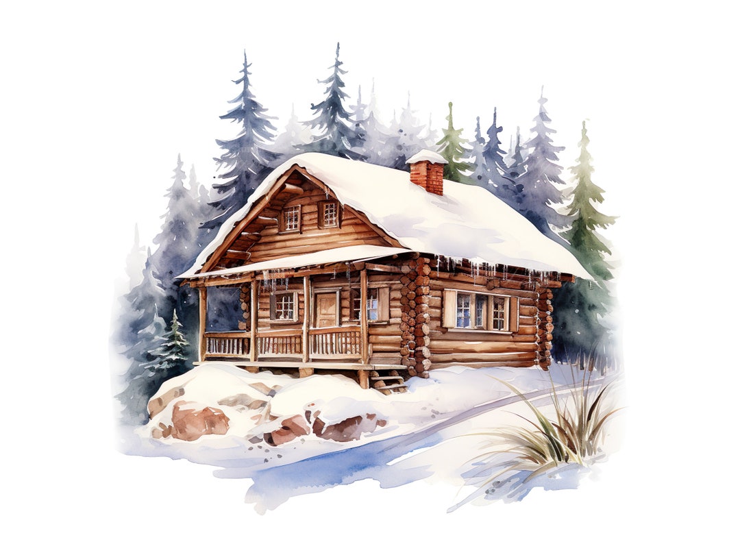 10 Log Cabin in Winter Clipart, Snowy Clip Art Bundle, Cozy Landscape ...