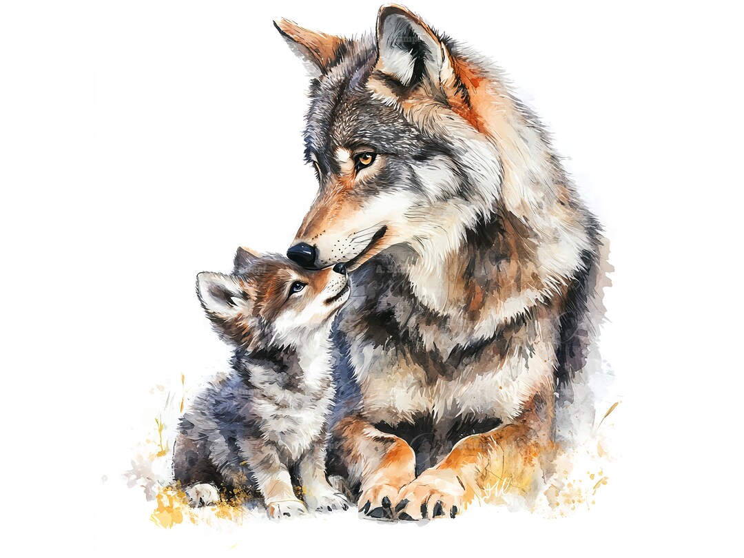 10 Watercolor Wolf Mother Clipart, Wolf Mother and Baby Illustration ...