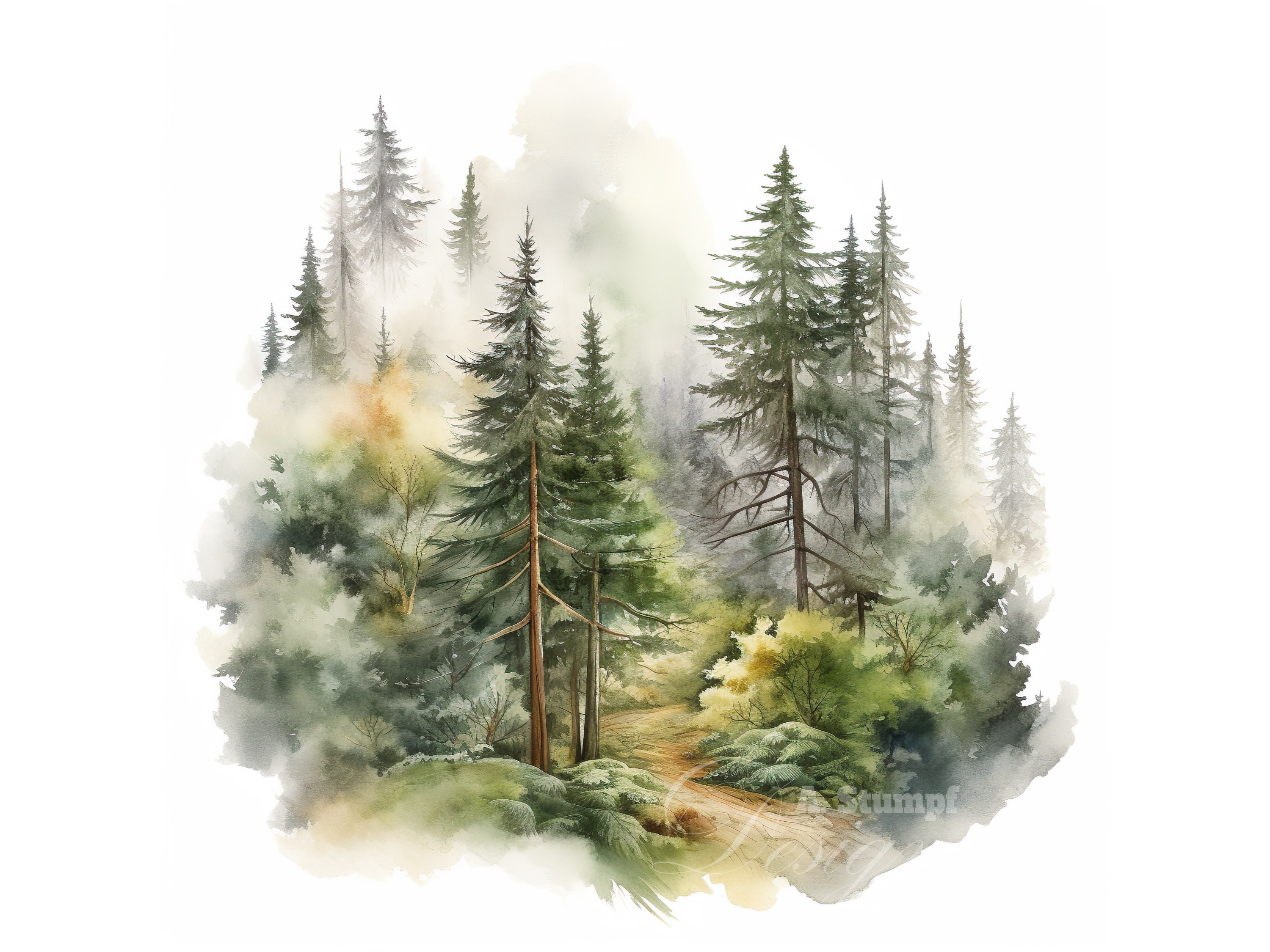10 Coniferous Forest Landscape Clipart Set Digital Watercolor Painting ...