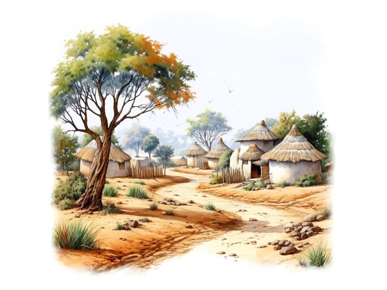 African Village Clipart Set Scenery Bundle Digital Watercolor Safari ...