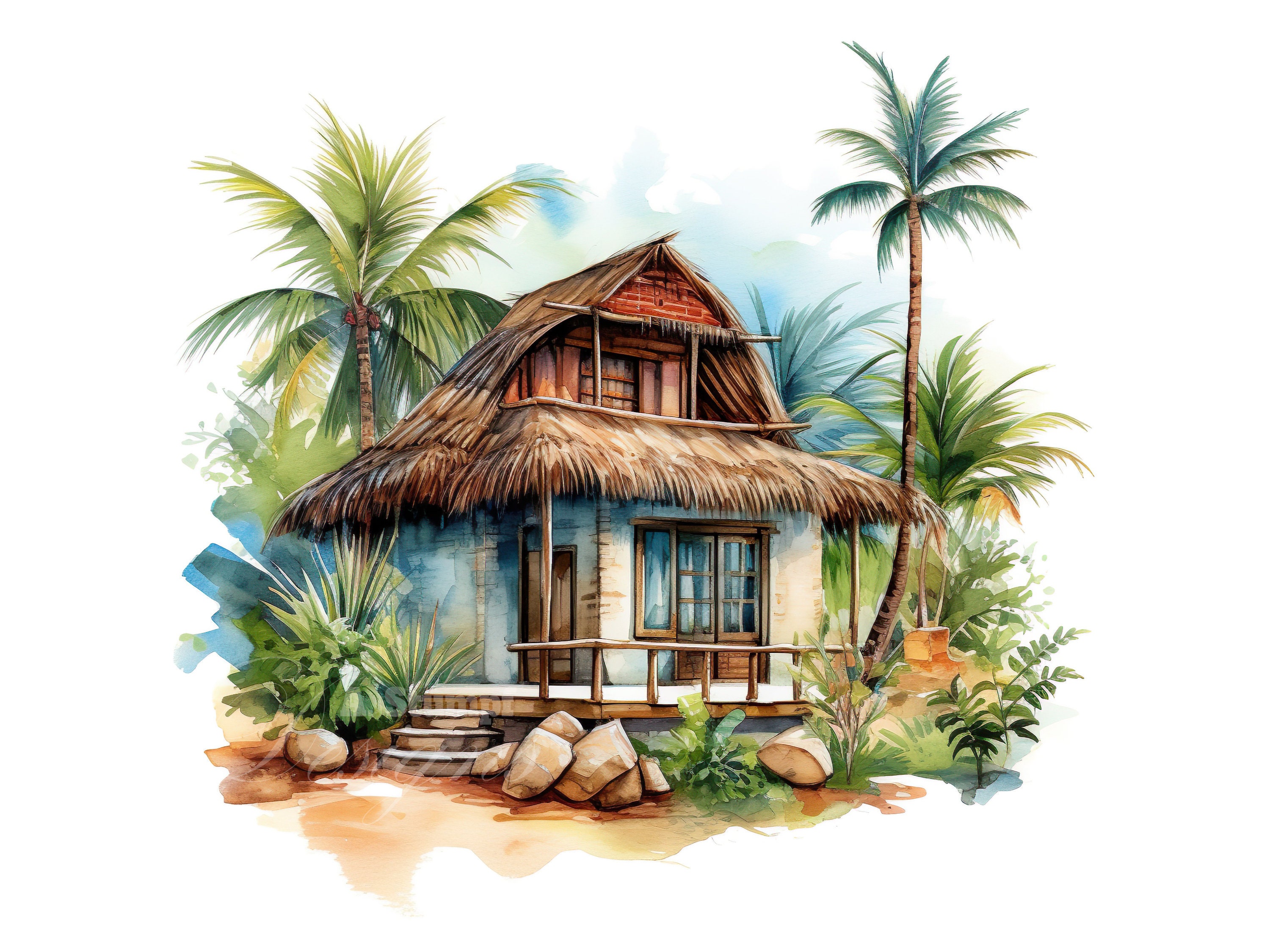 Palapa House Clipart, Tropical Hut Bundle, Beach Bungalow Set, Exotic Hut Clipart, Vacation Home ...