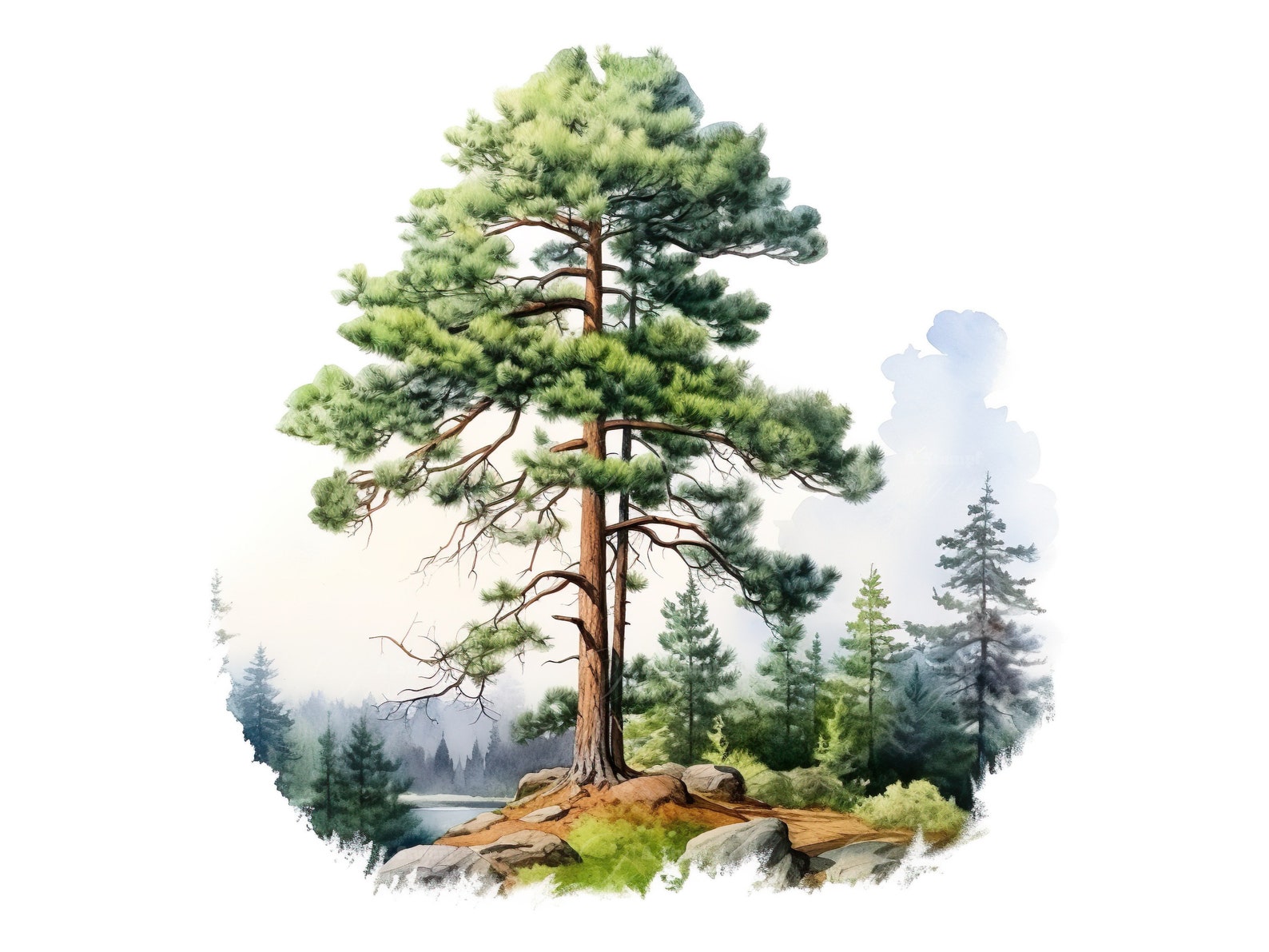 10 Pine Tree Clipart Set, Digital Watercolor Nature Painting, Forest ...