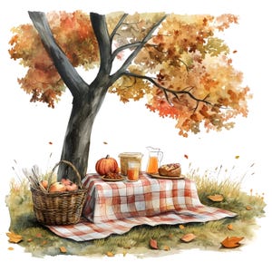 10 Picnic Autumn Scenery Clipart Digital Watercolor Rustic Fall ...