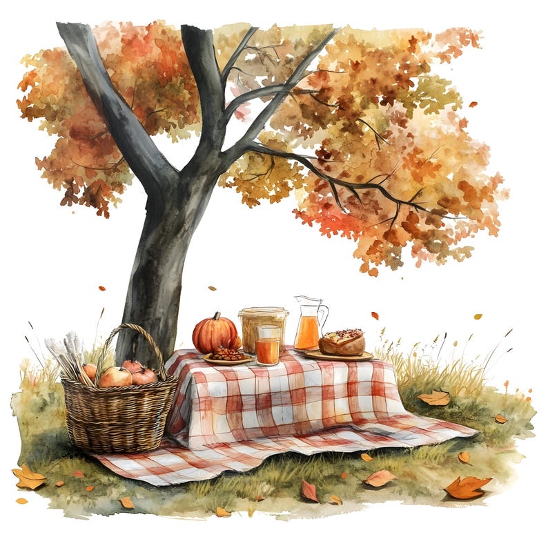10 Picnic Autumn Scenery Clipart Digital Watercolor Rustic Fall ...