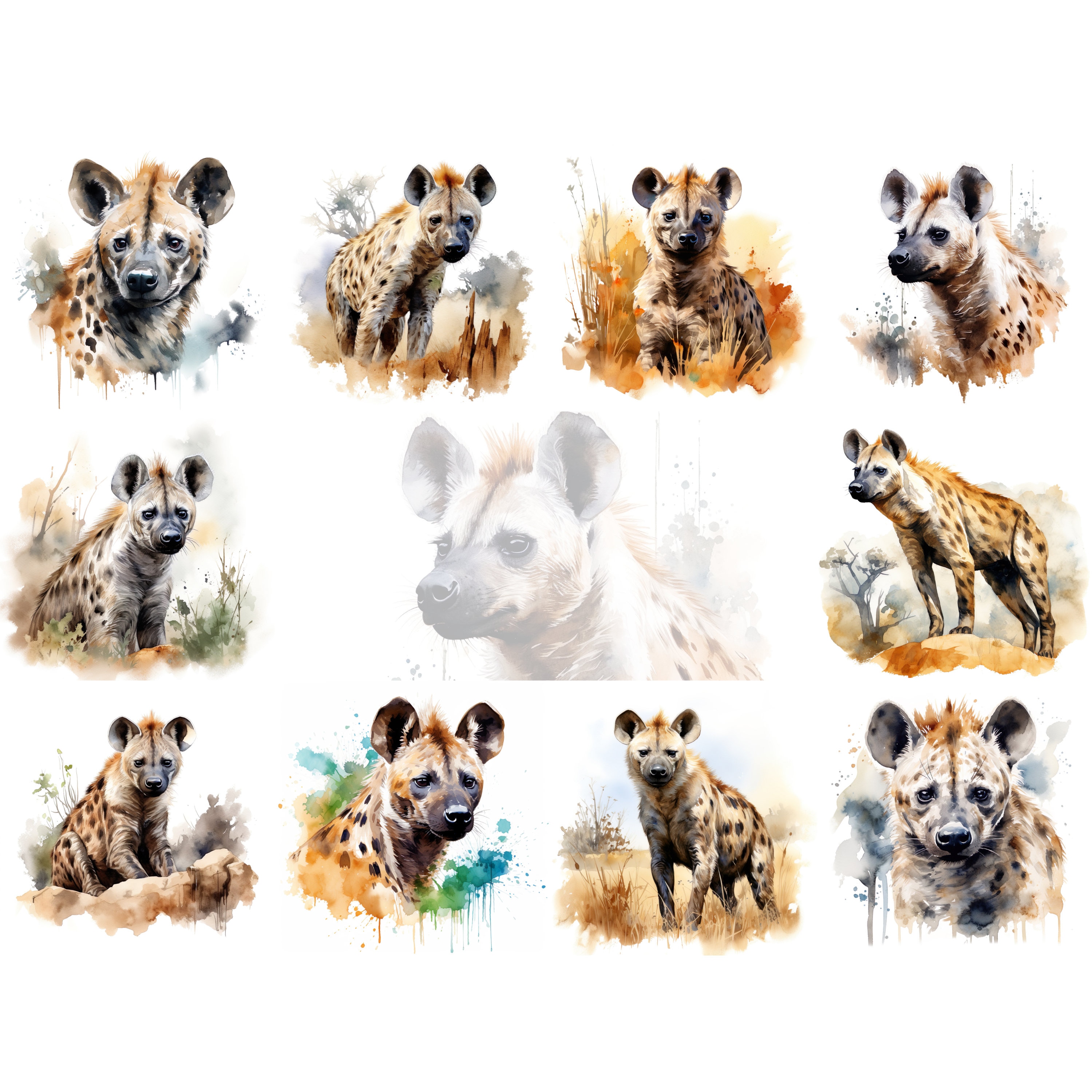Hyena Clipart Set Watercolor Animal Painting Illustration Digital ...