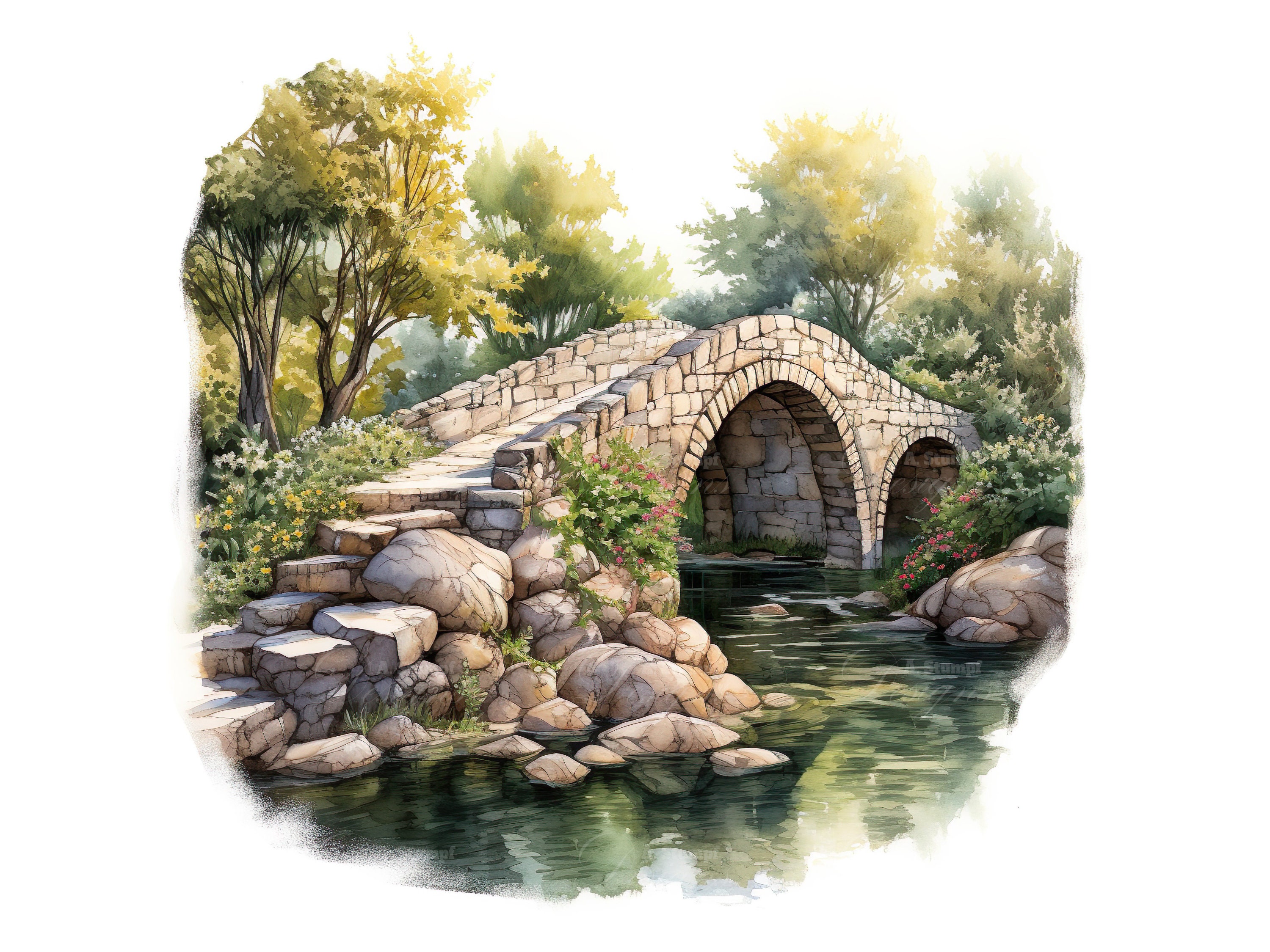10 Cobblestone Bridge Summer Clipart, Digital Watercolor Painting ...
