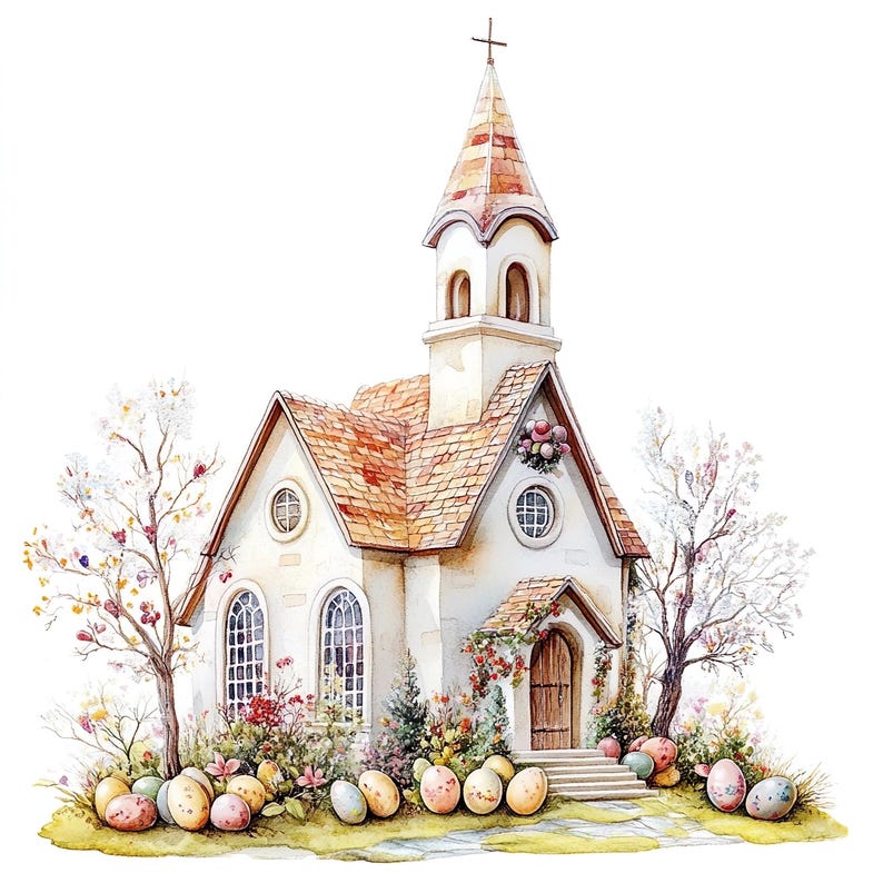 10 Easter Decorated Church Digital Watercolor Painting Christian Decor ...