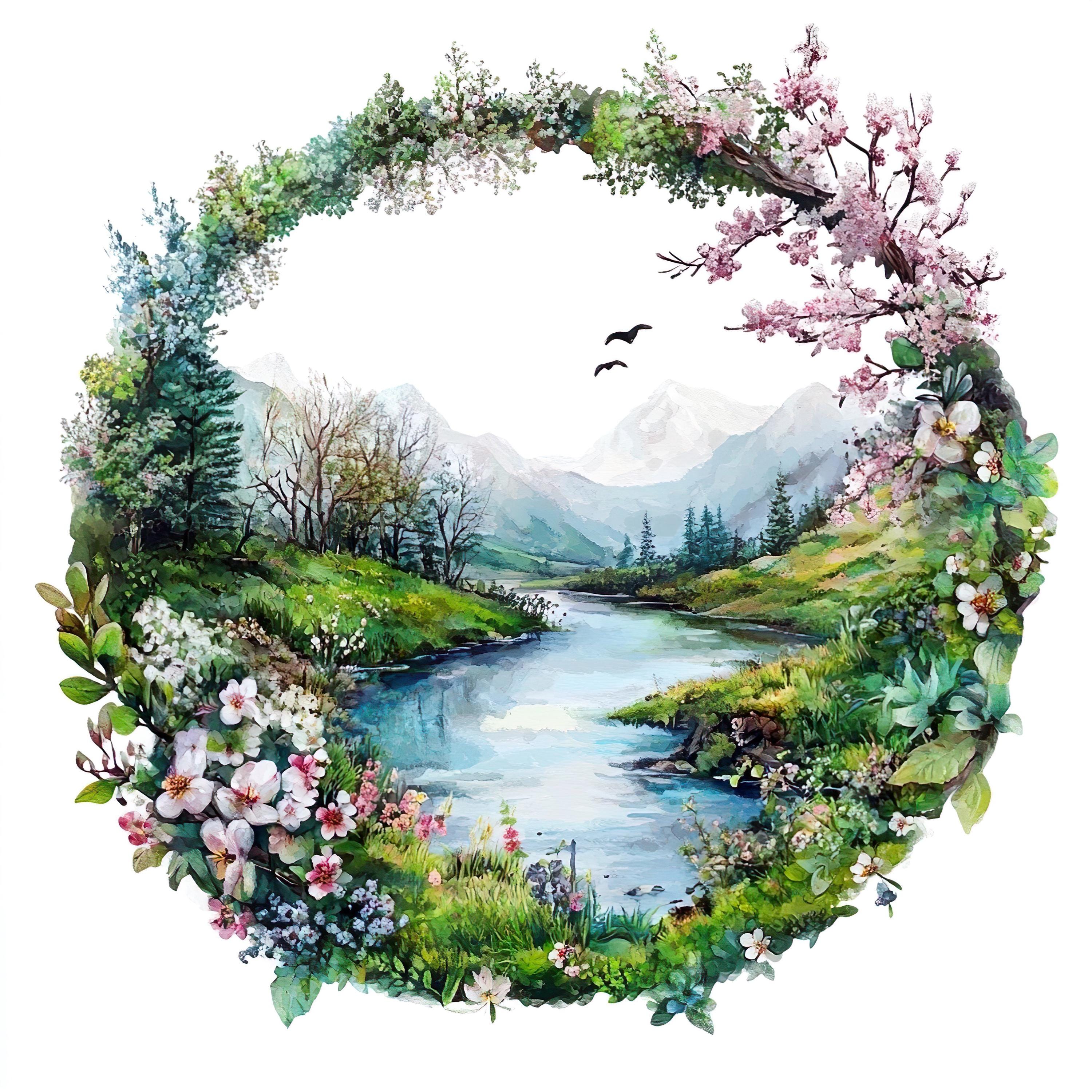 10 Spring River Landscape Clipart Set Digital Watercolor Painting ...